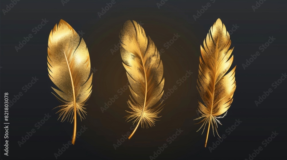 The golden, fluffy feathers are flying in the air on a transparent ...