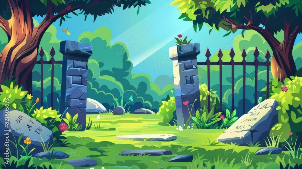 Graveyard for dead cat and dog in forest landscape with green grass and ...