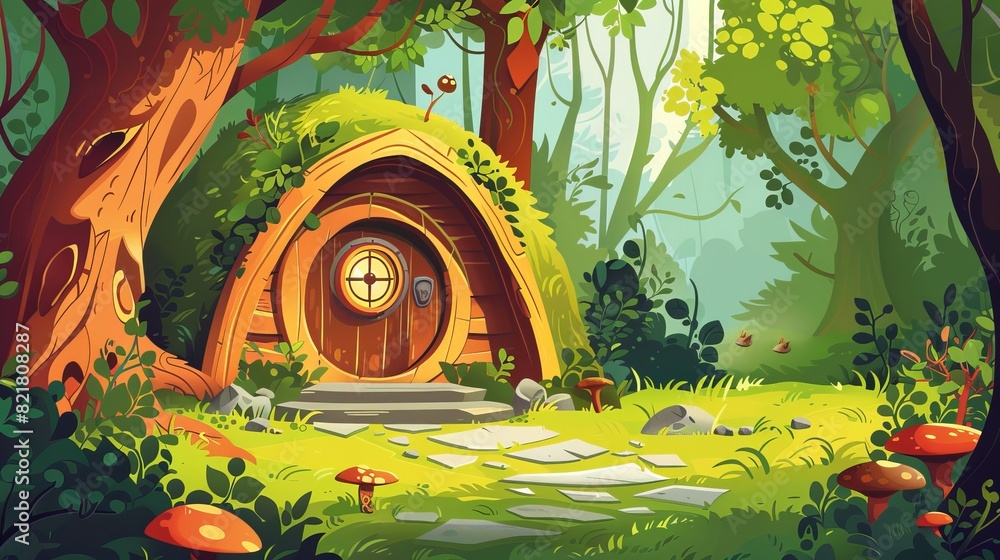 Cartoon illustration of fantasy wooden hut with door, porch, round ...