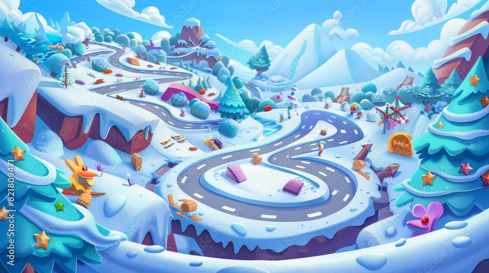 An UI mobile game level road cartoon background with snow. A template ...