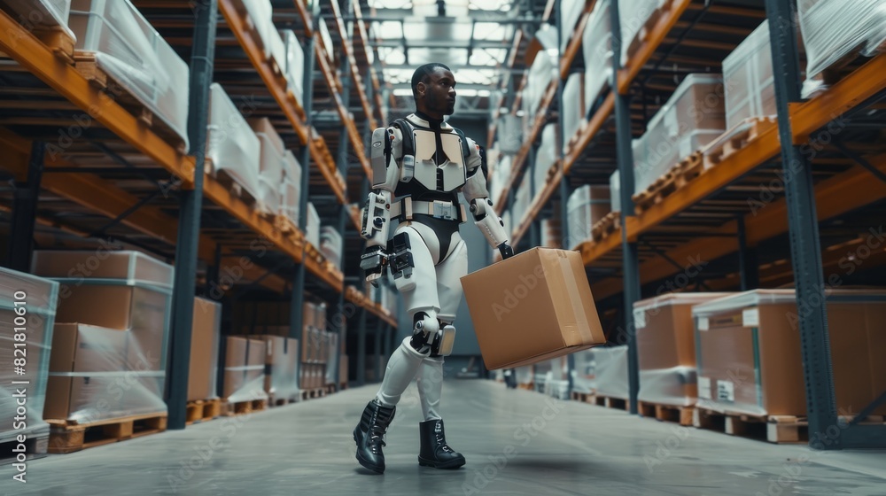 Workers in futuristic warehouse wearing full body powered exoskeletons ...