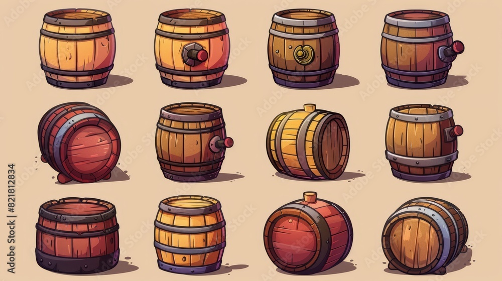The drawing offers a cartoon illustration set of the old wood barrels ...