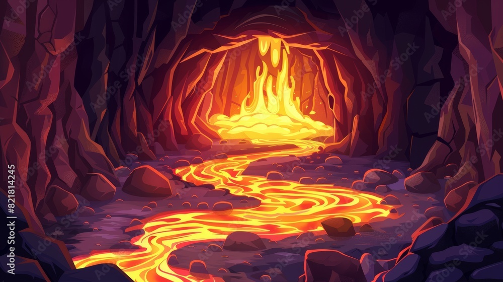 This is a lava cave game background. A fantasy hell landscape. Small ...
