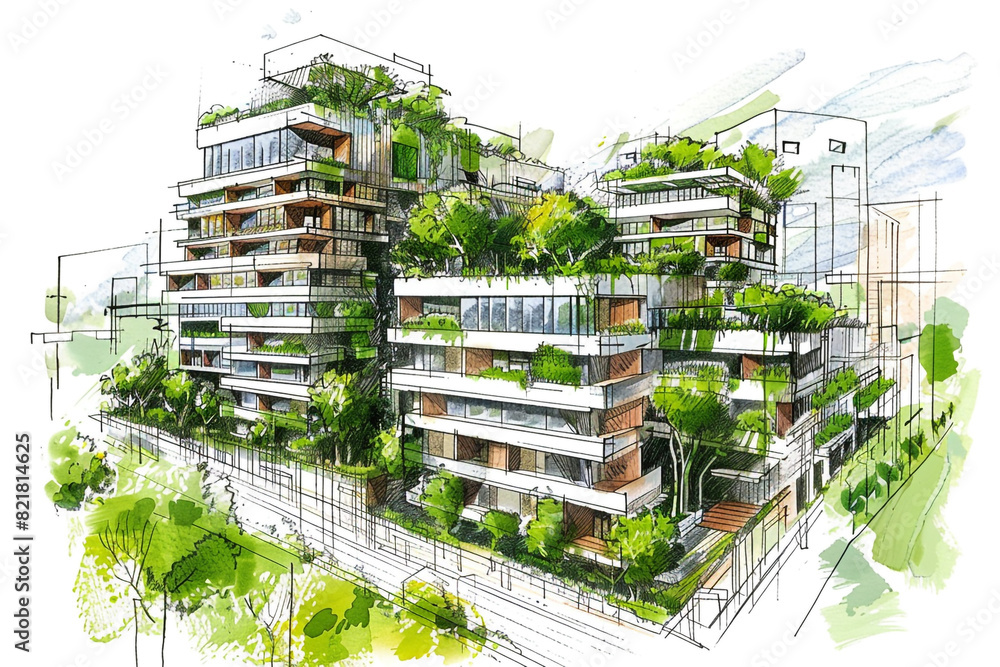 Sketch of a sustainable residential complex with green roofs, vertical ...