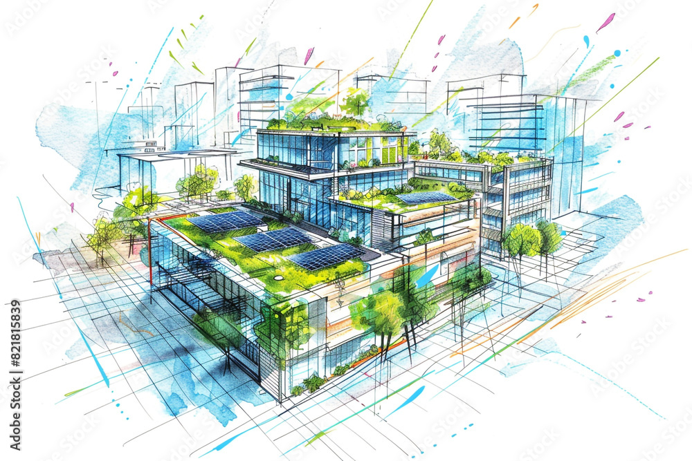 Sketch of sustainable urban architecture, featuring green roofs and ...