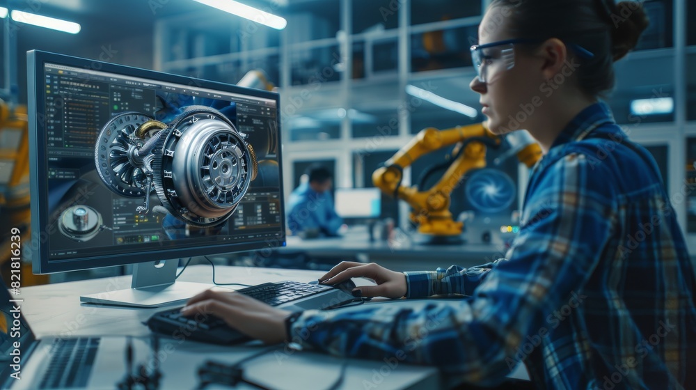 Female mechanical engineer creates a 3D engine on a personal computer ...