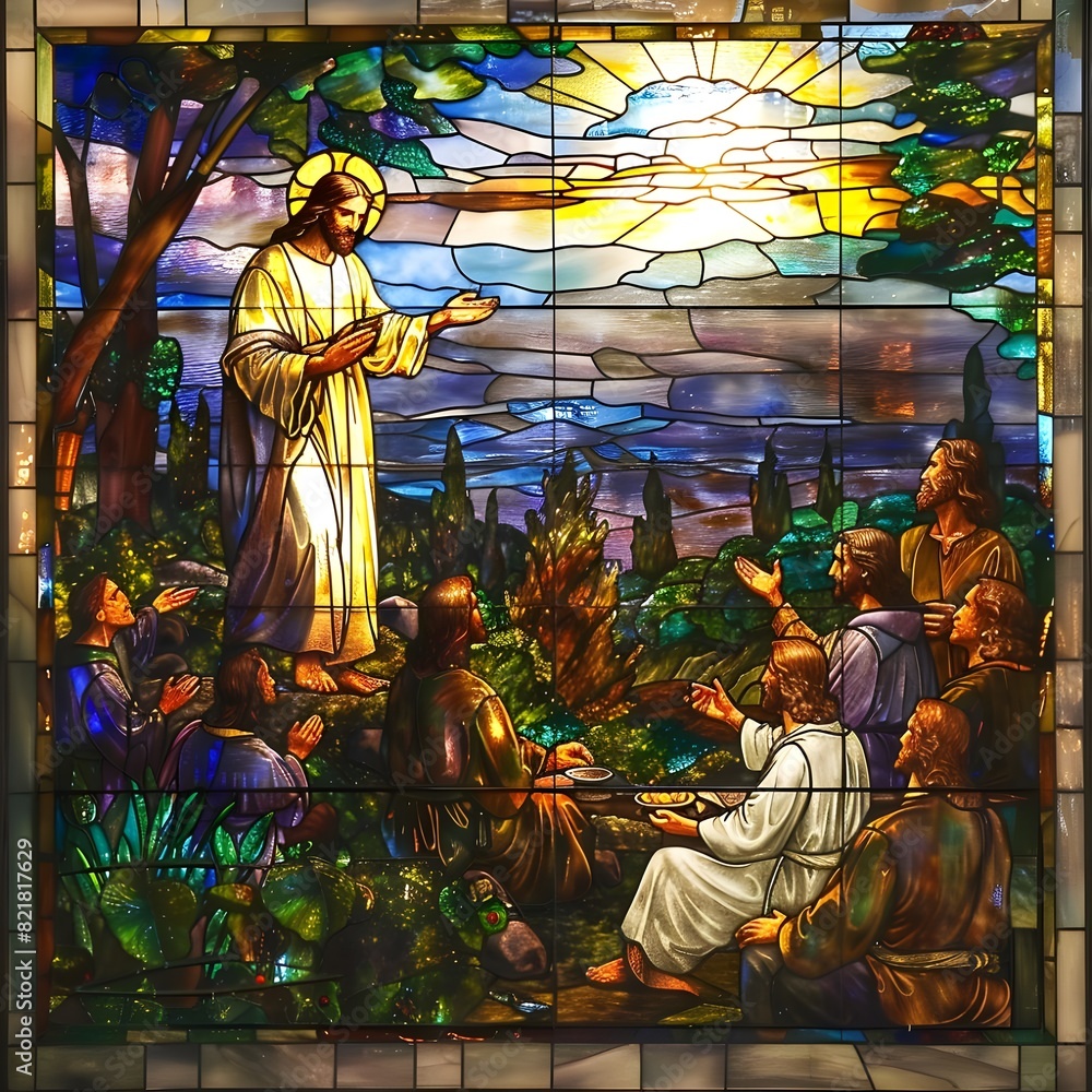 a stained glass representation of Jesus delivering the Sermon on the ...