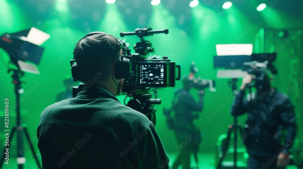 Film crew shooting a blockbuster movie. Director orders camera operator ...