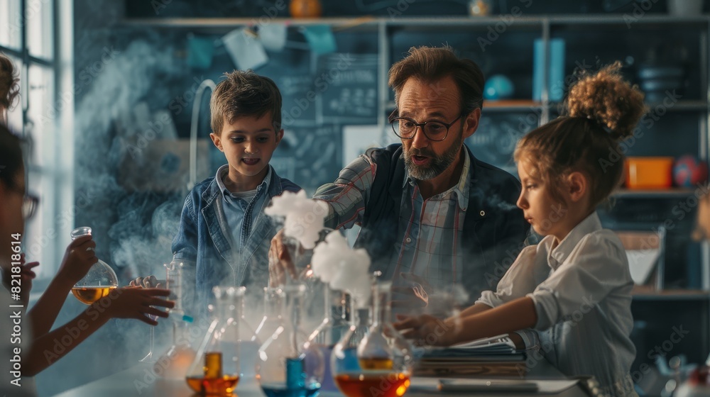 A teacher shows a class of elementary school children how to make foam ...