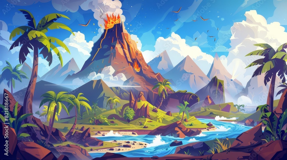 This is a modern illustration of a Jurassic nature scene with a volcano ...