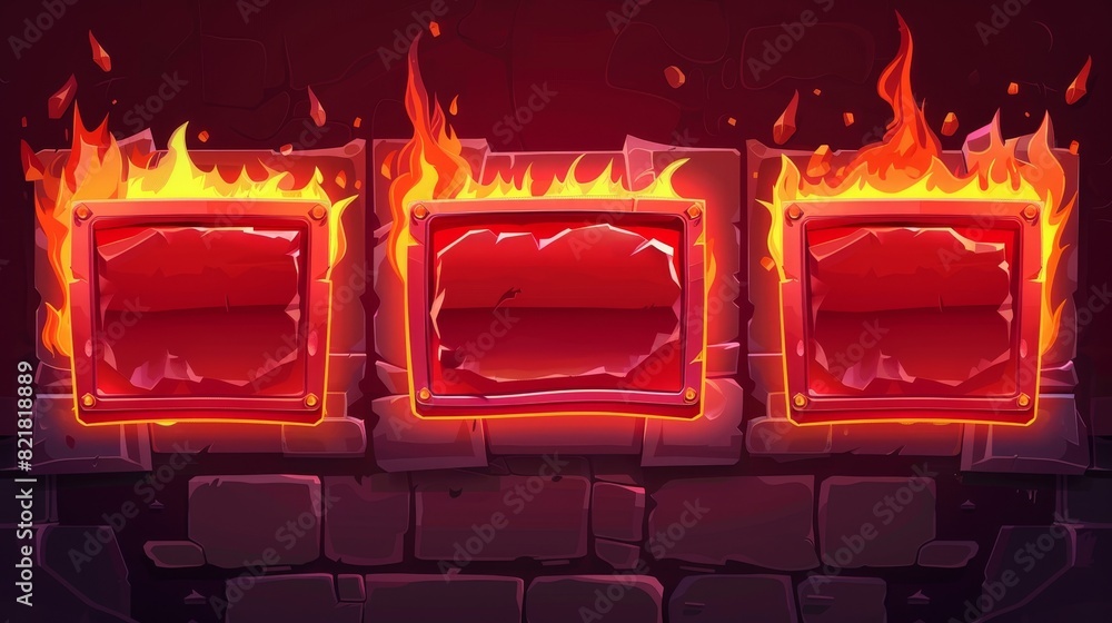 Illustration of red game screens with buttons and fire decoration ...