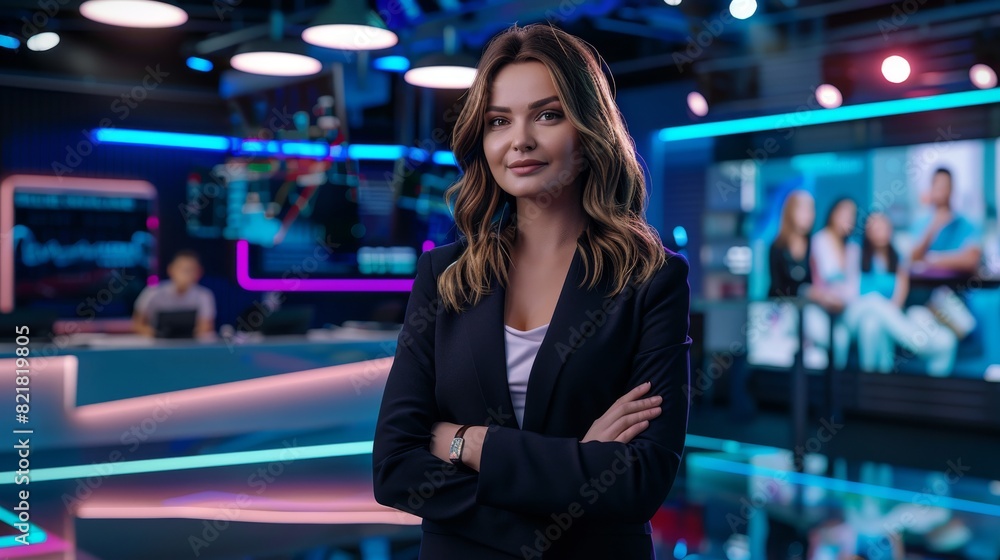 An anchor reporting on the events of the day in a live studio. A TV ...