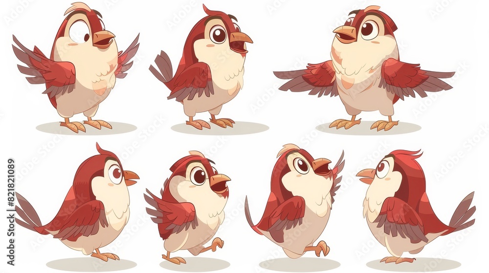 Cartoon sparrow character isolated set with different emotion ...