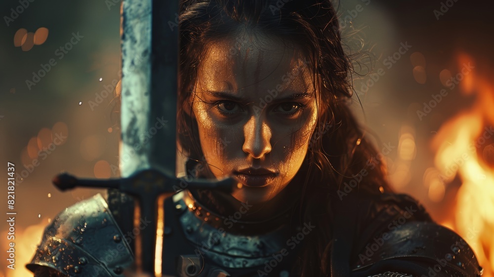 A scene of epic battle: powerful female warriors, holding swords ready ...