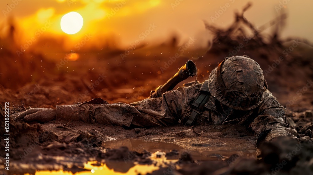 Dead soldier laying down in the mud in front of the sunset, end of the ...