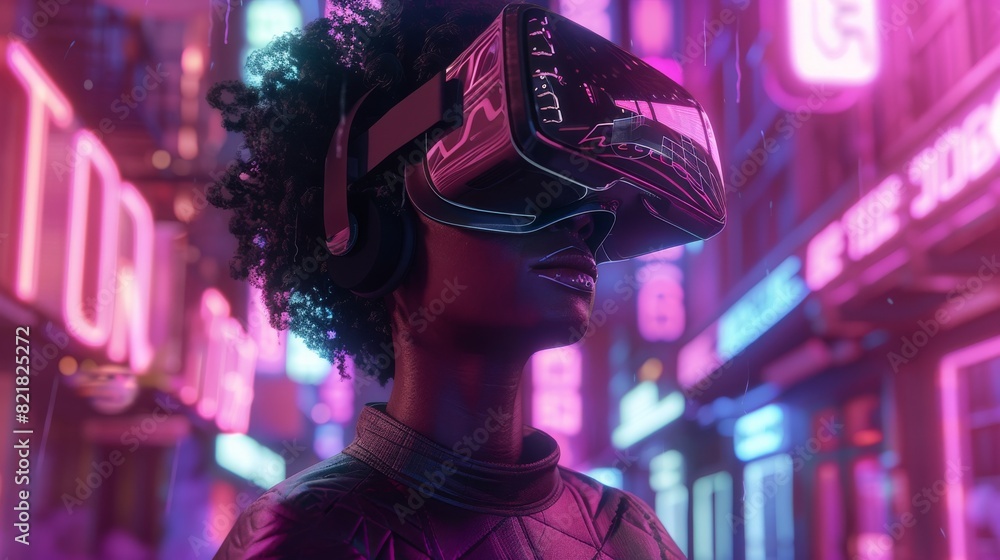 Black woman wearing VR headset enters metaverse. VR Transformation ...