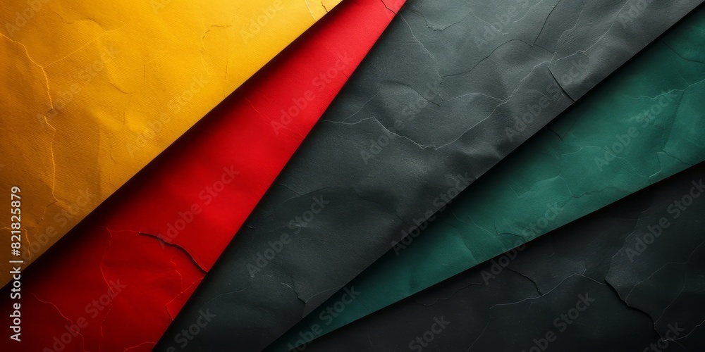 Red, yellow, and green paper are laid flat on a black backdrop to ...