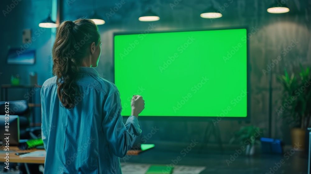 Female Caucasiantech CEO presenting on green screen chromakey projector ...