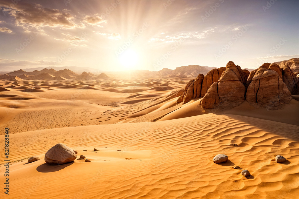 Panorama of landscape Sahara desert, sand mountains and stones sunny ...
