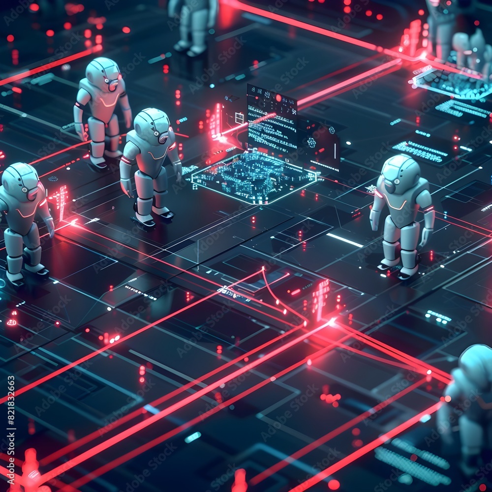 An animated scene of AI-powered cybersecurity software monitoring and ...