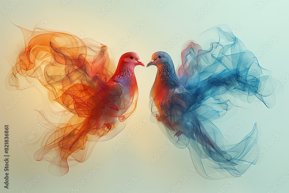 Abstract doves formed from flowing, multicolored lines, converging at ...