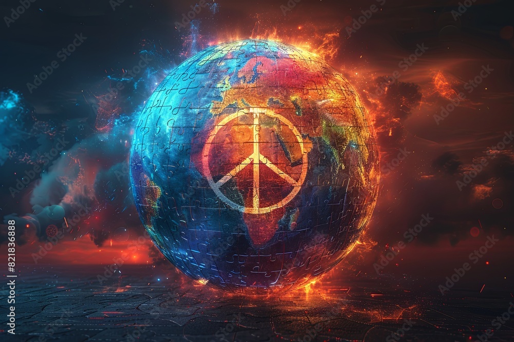 An abstract globe made of interconnecting, colorful puzzle pieces, with ...