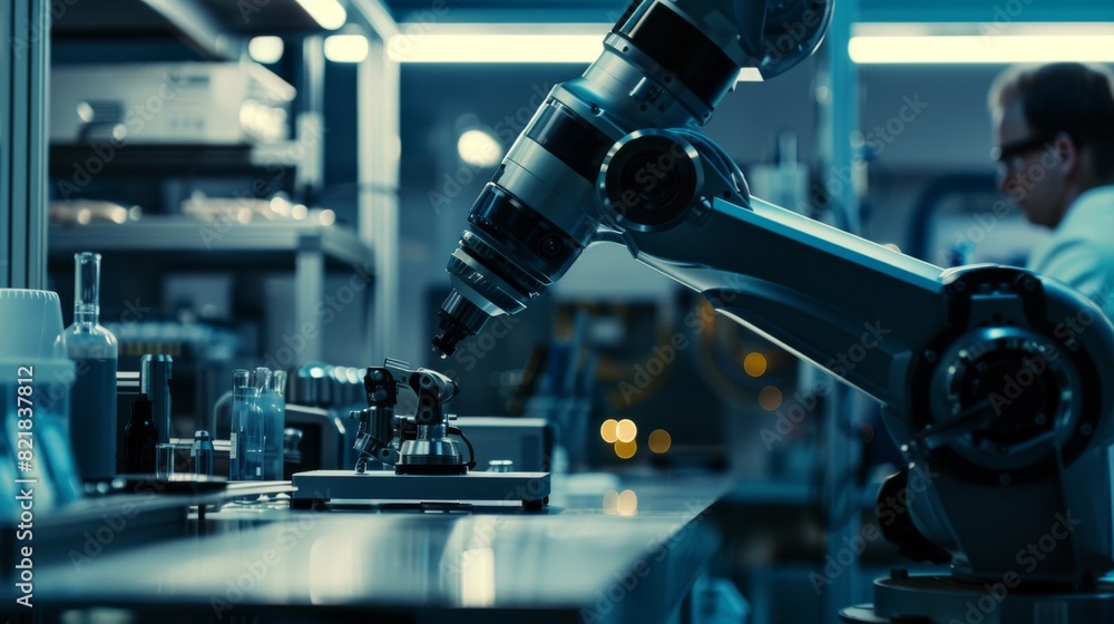 An advanced robotic arm is moving a metal object. A senior engineer ...