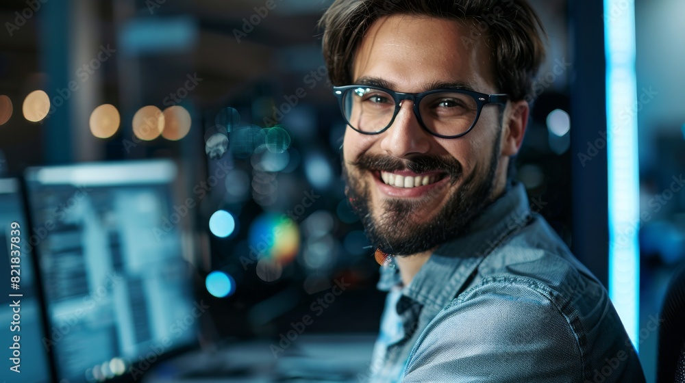 Software Developer poses in a technical room with unfocused screens ...