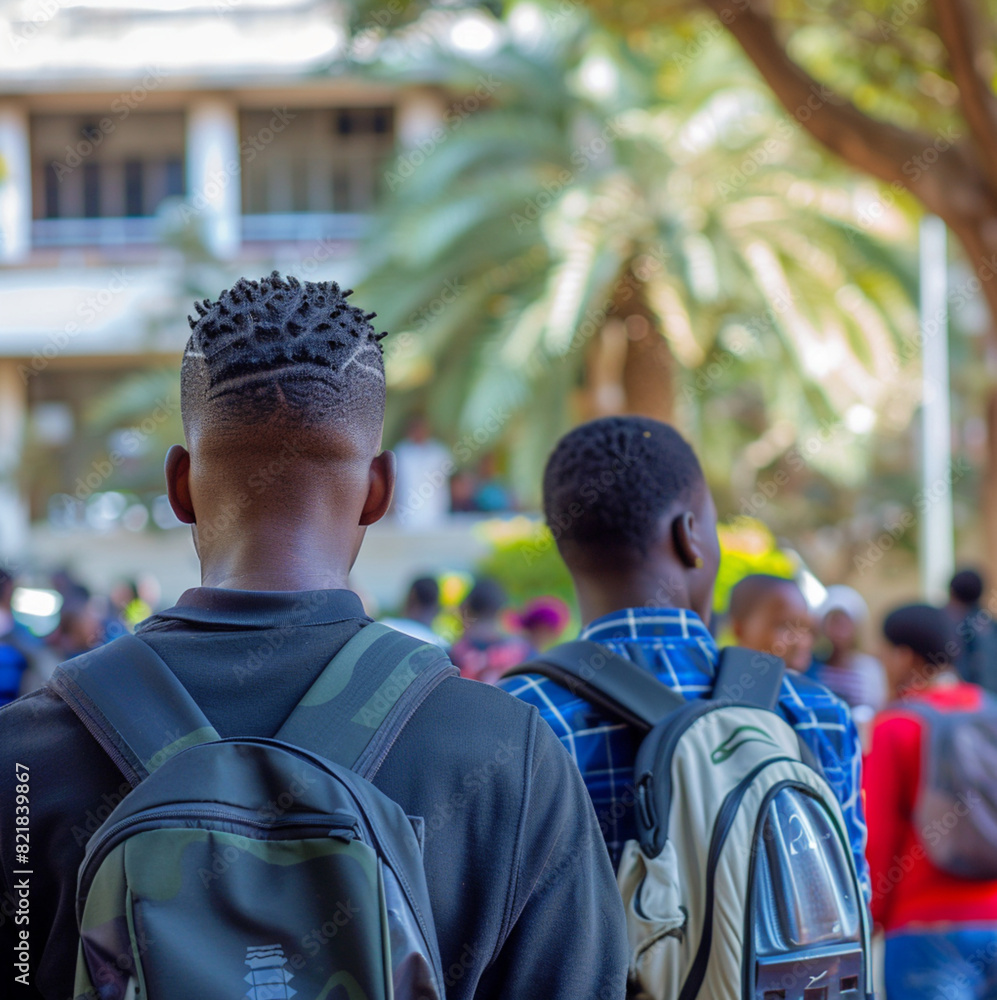 african university, 2 students seen from the back walking, cinematic ...