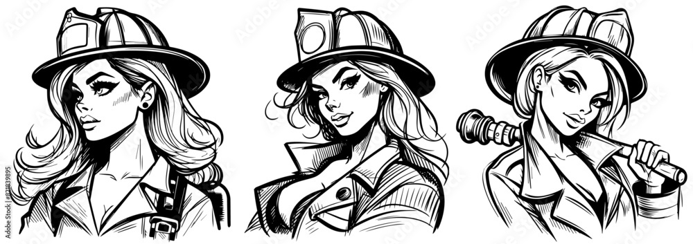 firefighter pin-up girl, beauty woman, black and white vector with ...