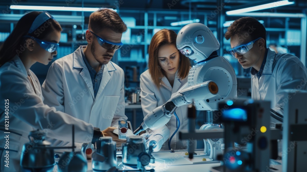 Working with Robotics Engineers on a Robot Arm Project in a Scientific Technology Lab. Young ...