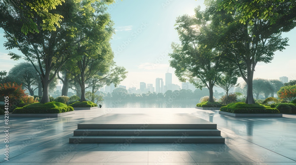Modern glass podium stage with lively urban park background Suitable ...