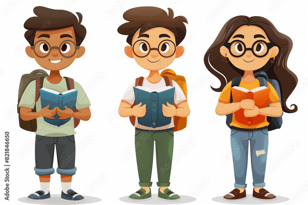 Cartoon Characters University Students holding books isolated on white ...