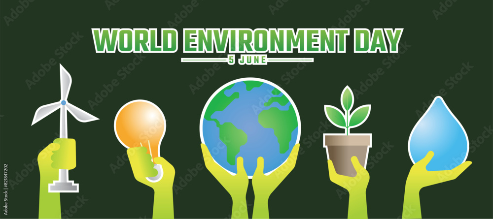 World Environment Day - Group of hands hold up globe world wind turbine ...