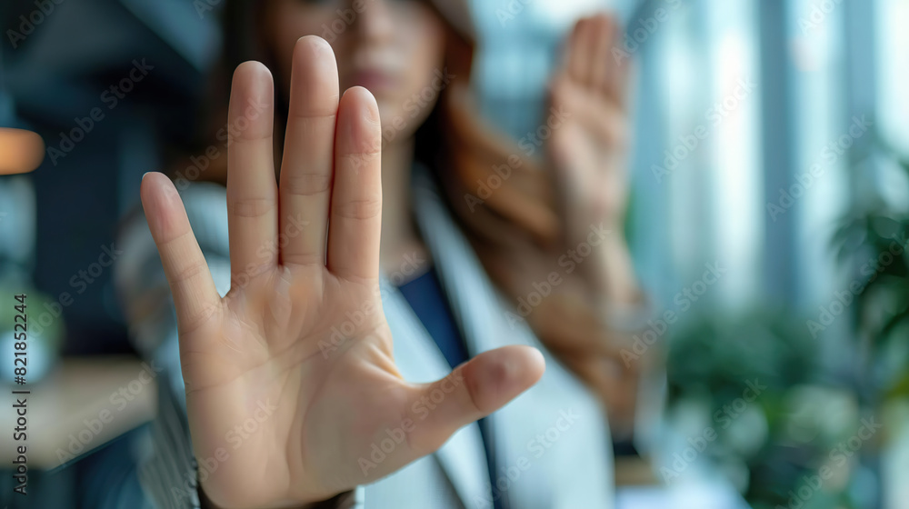 Stop, hand sign and woman with no gesture for sexual harassment and ...
