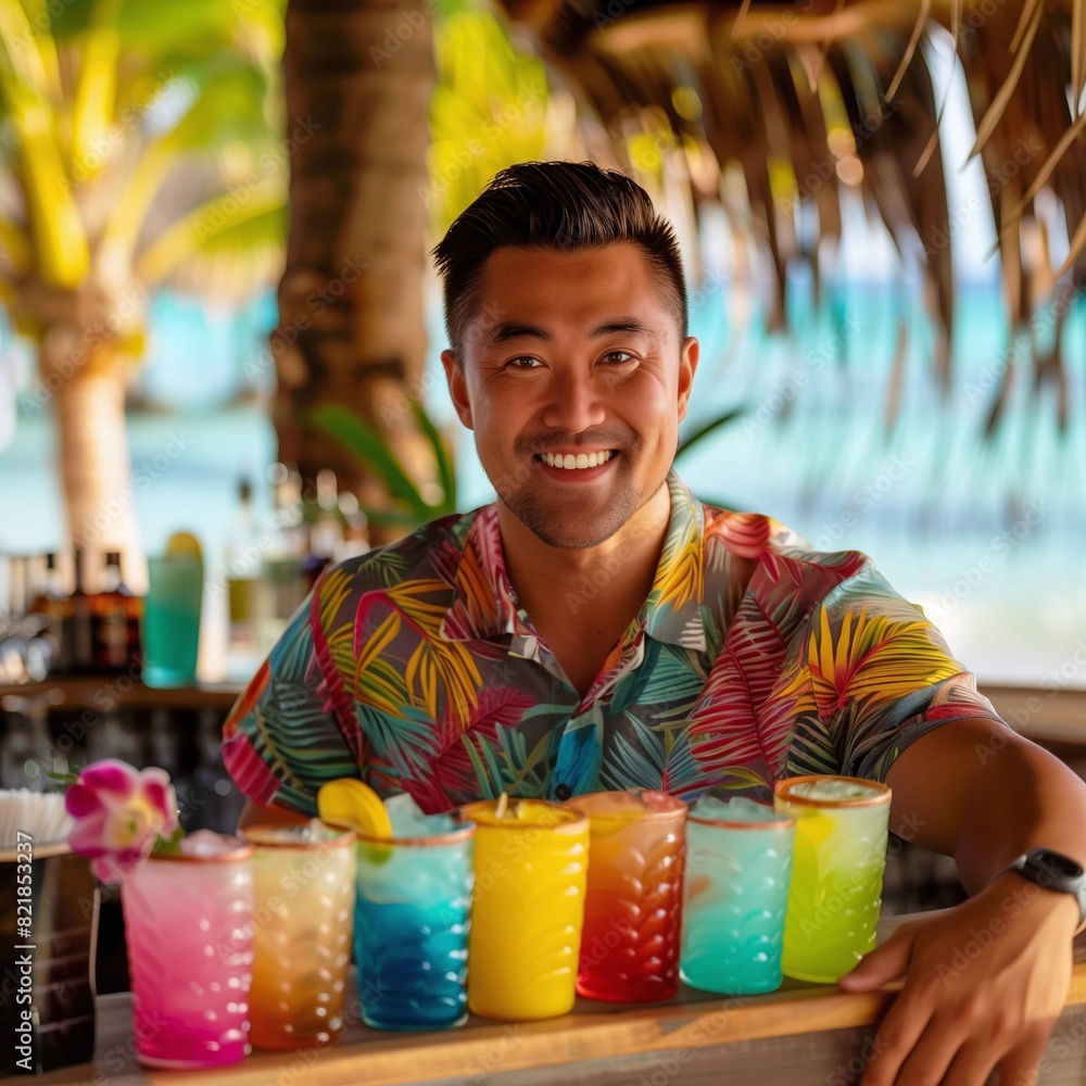Smiling Asian male bartender serving cocktails on a beach tiki bar by ...