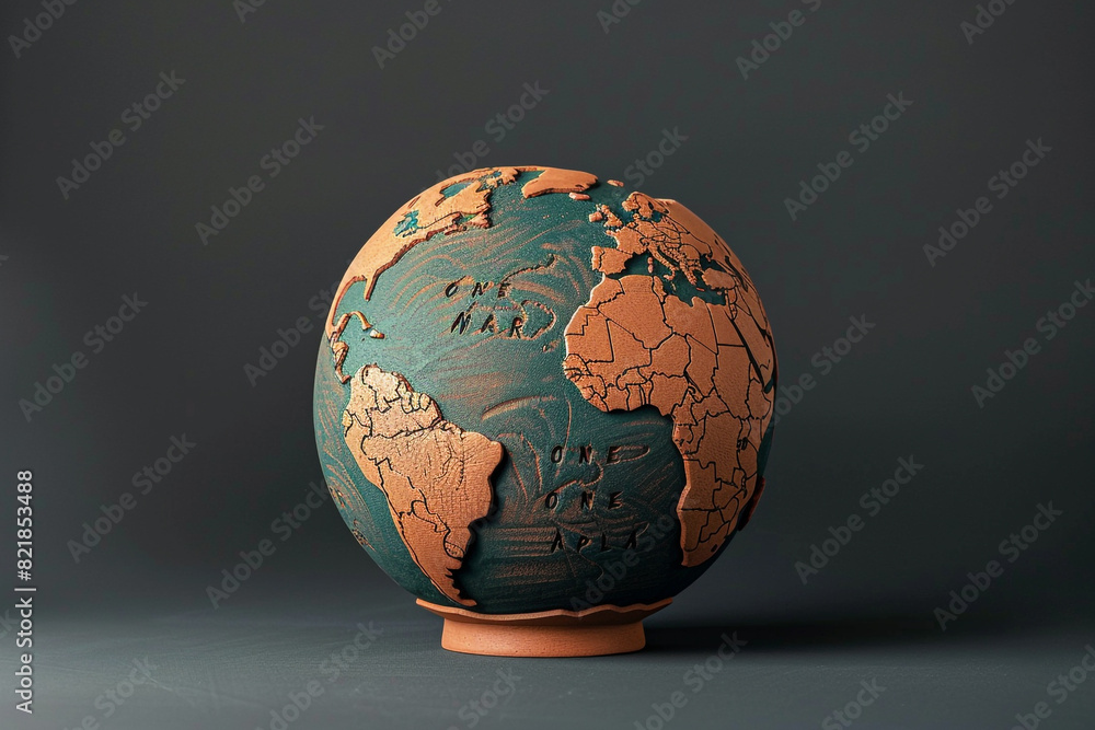 Stylized clay earth globe, with the phrase One Earth embossed across ...