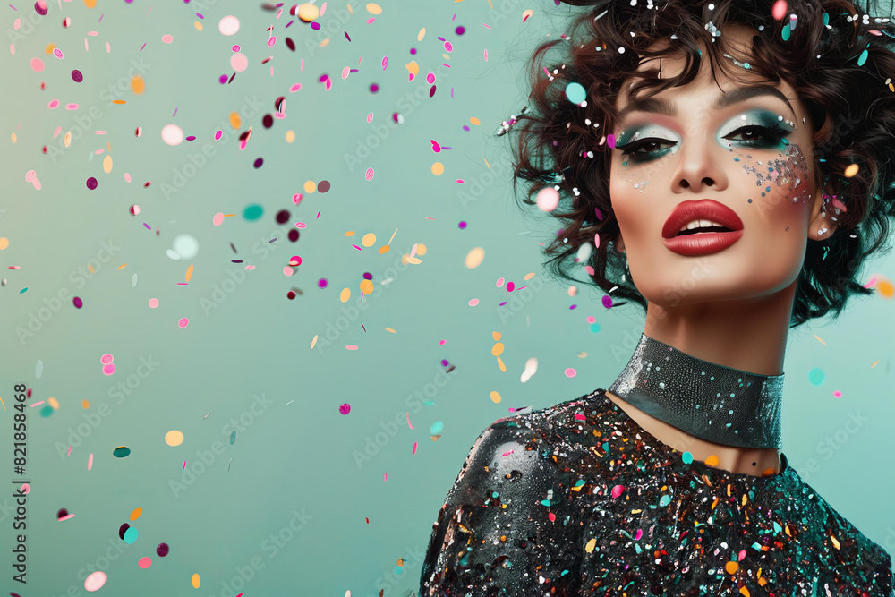 drag queen portrait isolated on pastel background with glitter and ...