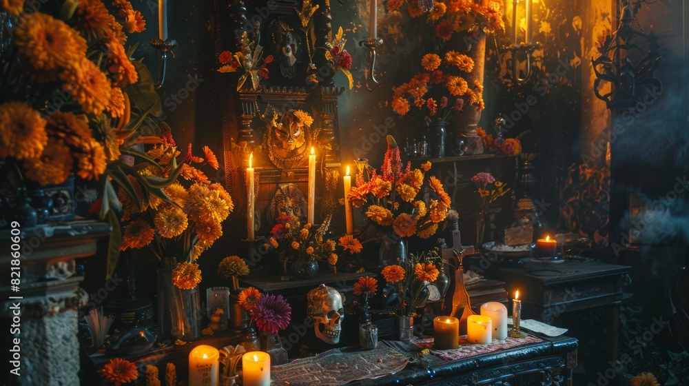 A gothic interior of a vampire castle of Transylvania, lit by candles ...