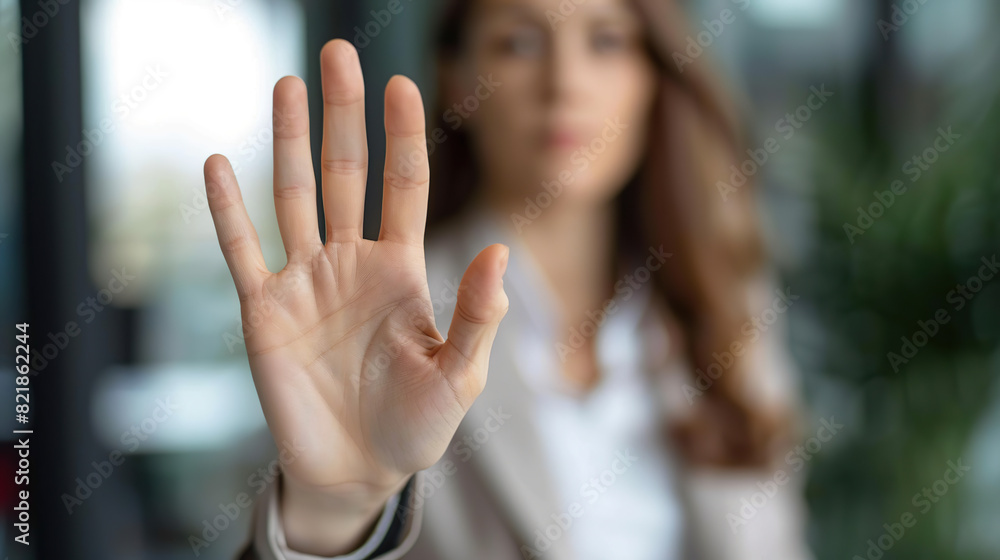 Stop, hand sign and woman with no gesture for sexual harassment and ...