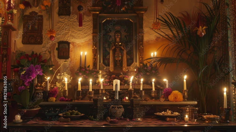 A gothic interior of a vampire castle of Transylvania, lit by candles ...