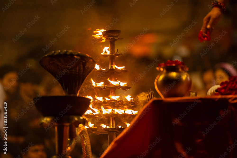 Ganga aarti, Fire flame at night with dark background during the ganga ...