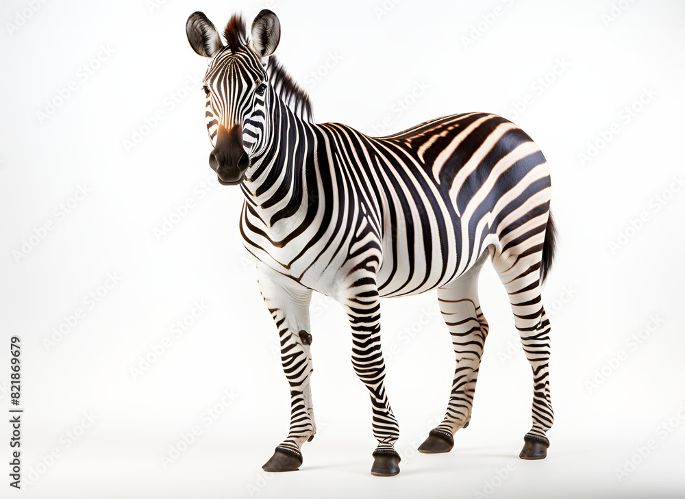 Black and white pattern zebra standing looking for food on white ...