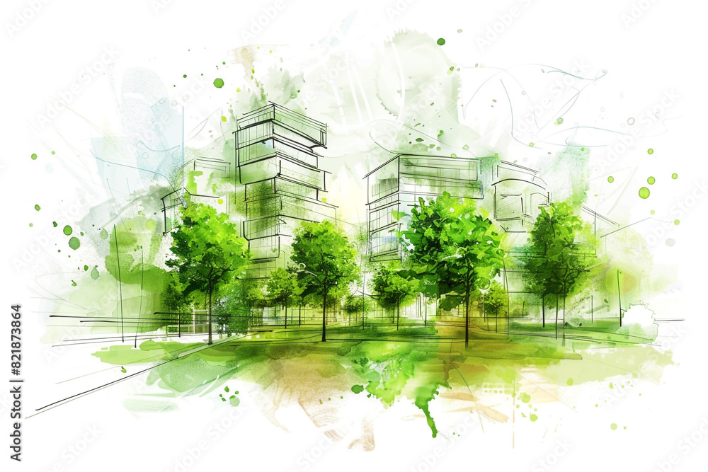 Sustainable development project sketch, green building and trees Urban planning, green space ...