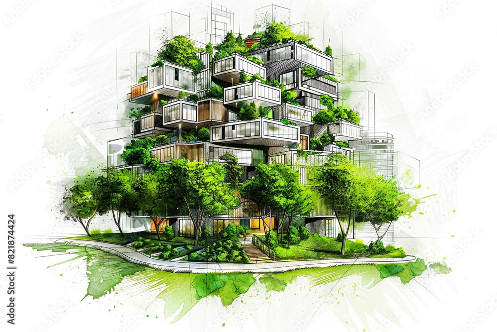 Sustainable development project sketch, green building and trees Urban ...