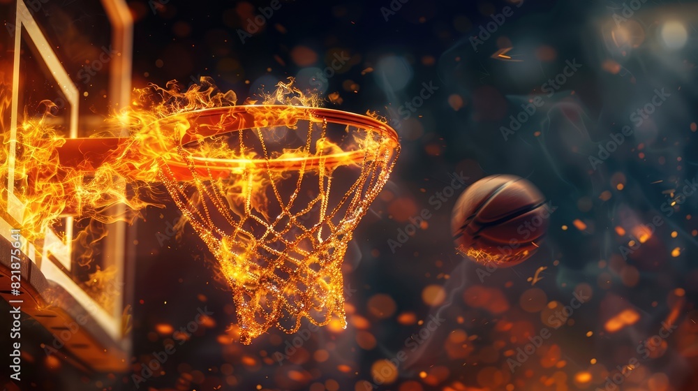 A detailed scene of a flaming basketball in flight towards the hoop ...