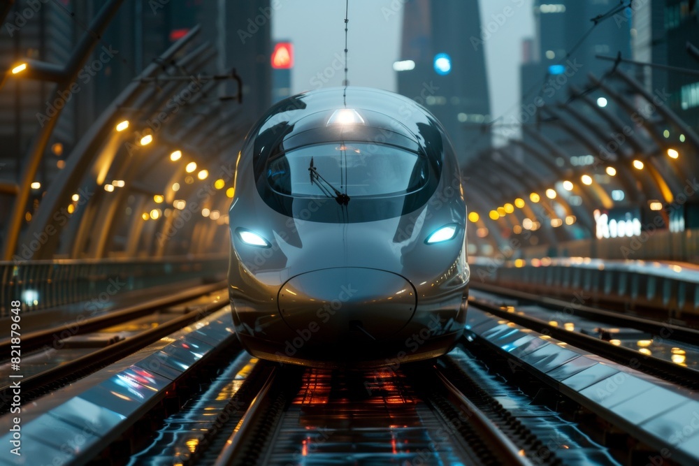 High-speed train, city background, night scene, cool tone, white body ...