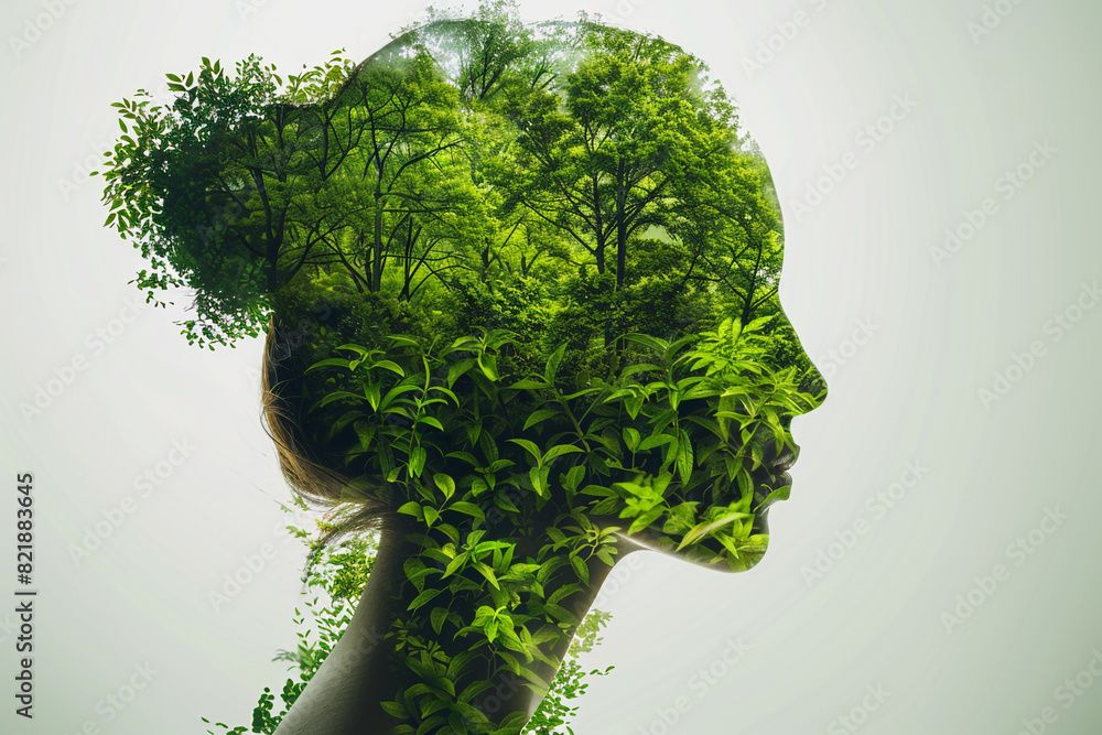Symbolizing the green thinking concept, a woman's head silhouette is ...