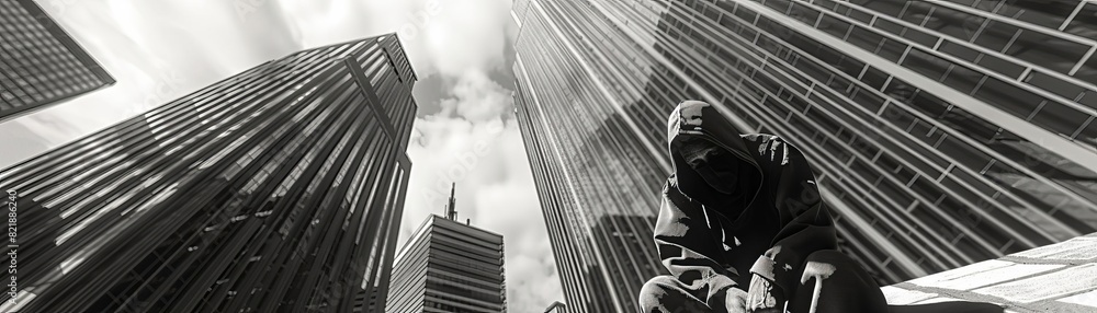 The black and white photo shows a window washer hanging from a ...