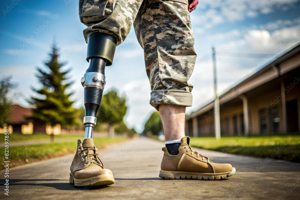 Disabled military man with prosthetic leg. High tech artificial foot ...